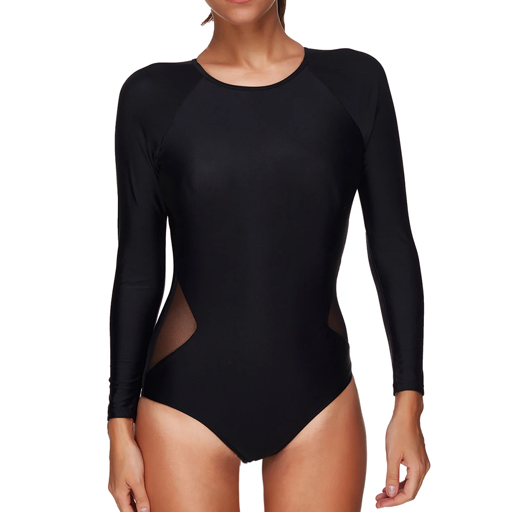 Bañador de malla negra de manga larga para mujer, traje de baño de una pieza, ropa de playa ...