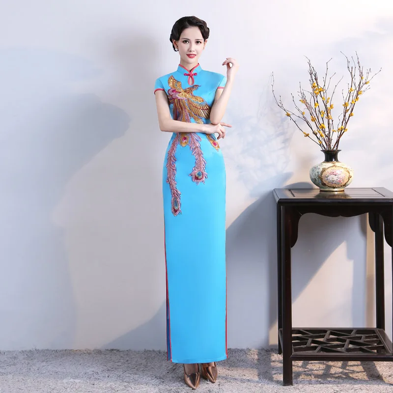 Light Blue Vintage Chinese Style Maxi Cheongsam Retro Long Qipao Womens