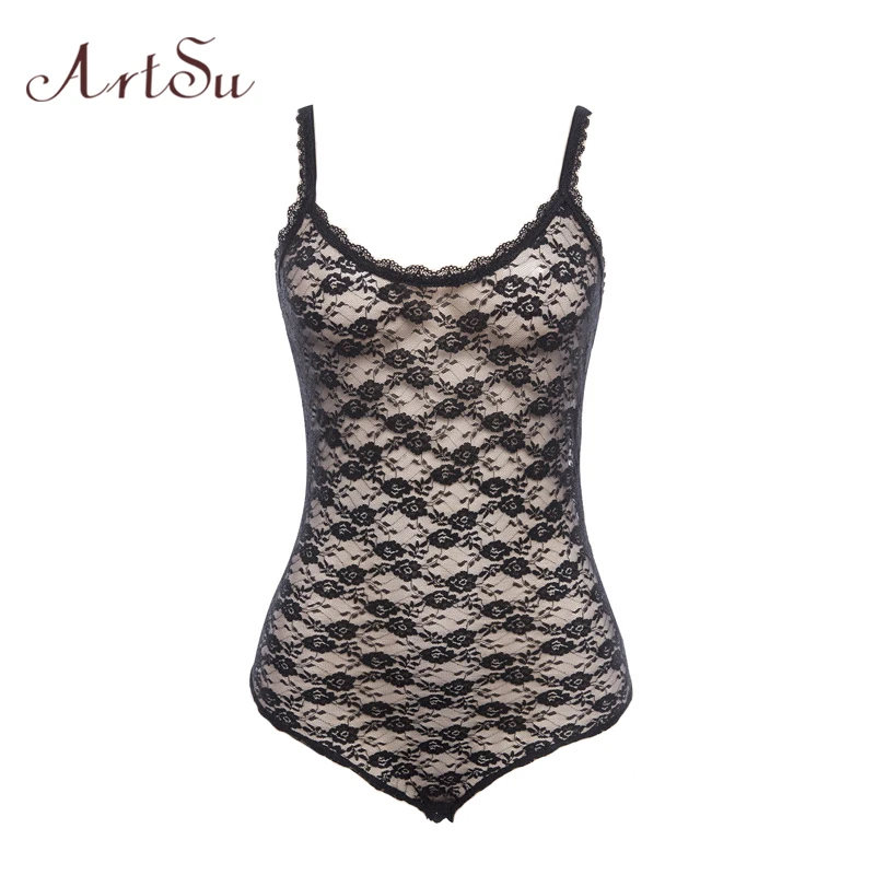 Artsu Black Floral Lace Bodysuit Women Sexy Summer Body Jumpsuit Romper