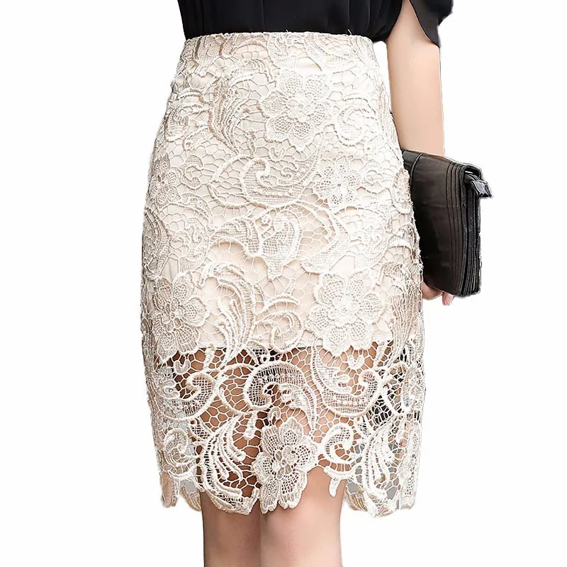 Elegant Lace Skirts Women Summer High Waist Hollow Out Office Midi Bodycon Pencil Skirt Black