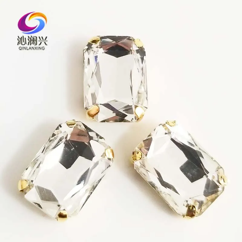 White Rectangle Shape High Quality Glass Crystal Golden Bottom Sew On ...