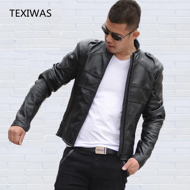 Texiwas Leather Jacket Men Autumn Genuine Leather Coat Solid Slim Tops Male Casual Cow Leather