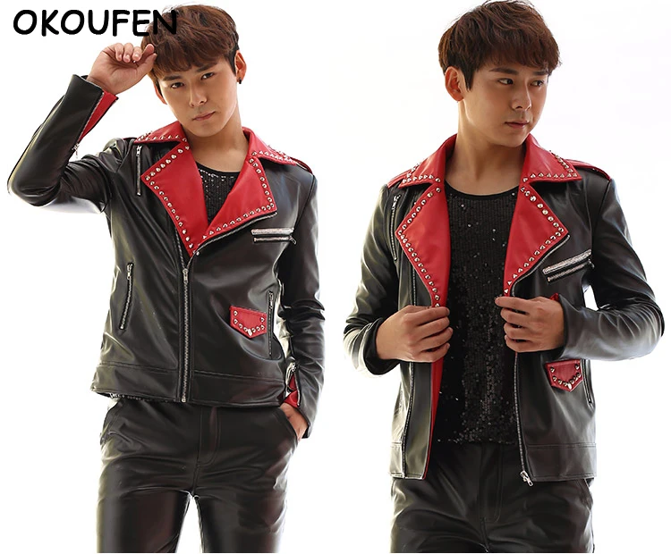 Star Styles Red & Black Leather Jacket Costumes Nightclub Bar Stage ...
