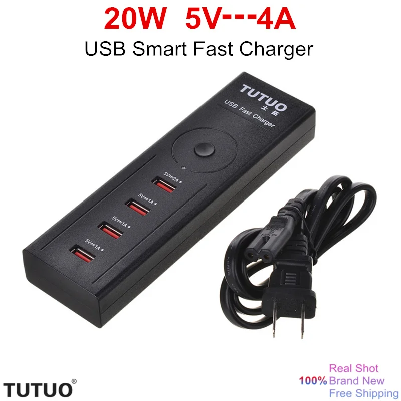 TUTUO 20W 4 Port USB Fast Charger Smart IC Safety Desktop Power Travel ...