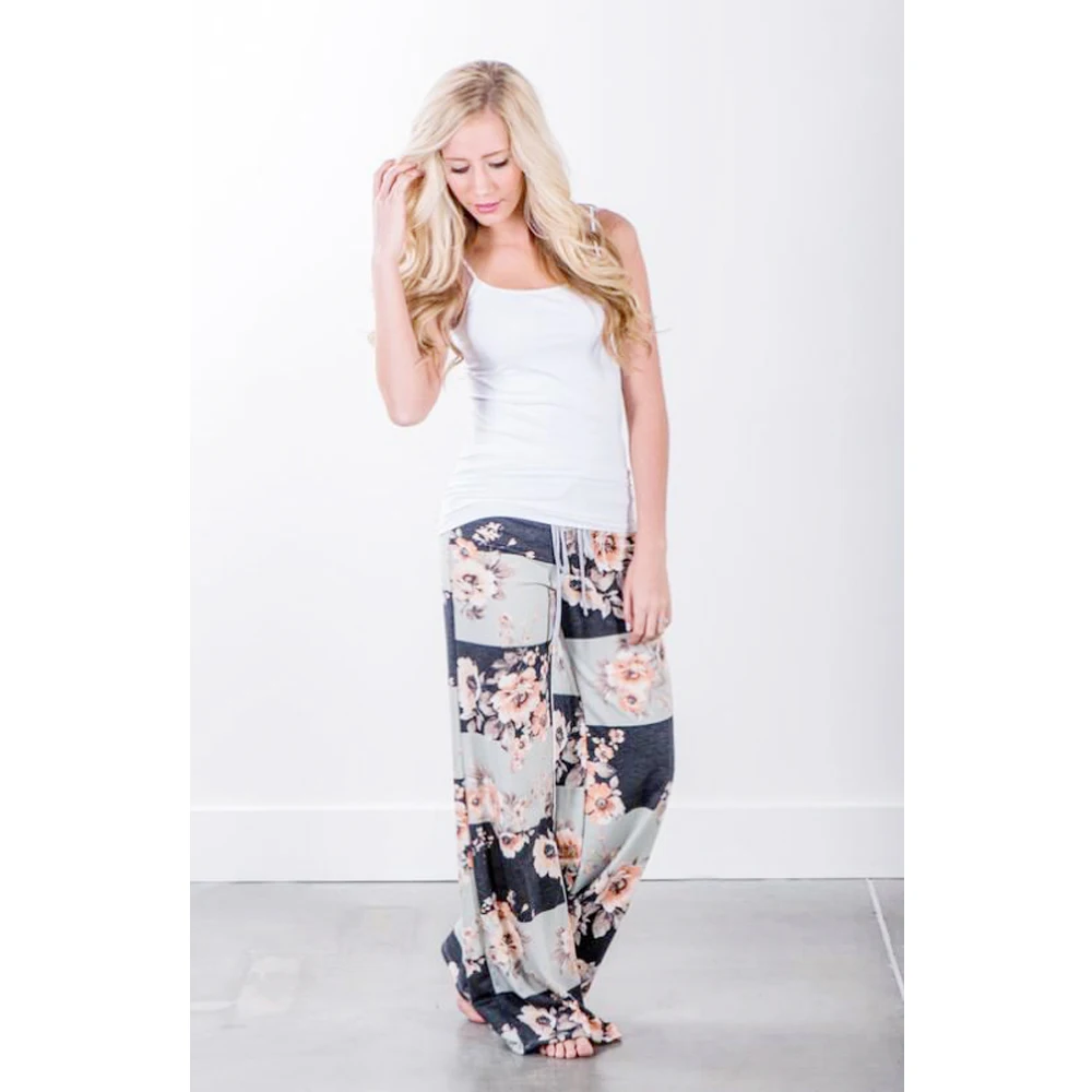 2018 New Arrival Comfortable Bohemian Flora Print Wide Leg Pants Women