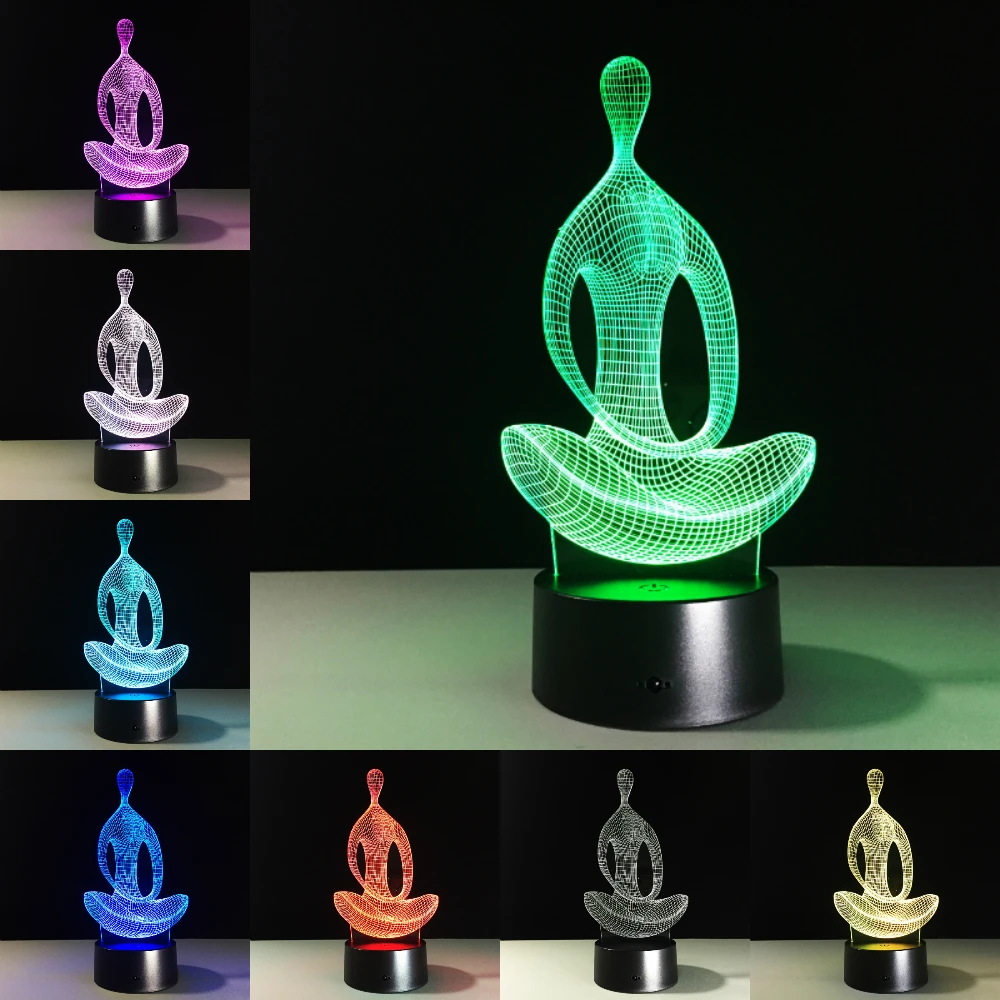 Acrylic 7 Colors Meditation Yoga 3D LED Nightlight Bedroom Lamp Living ...
