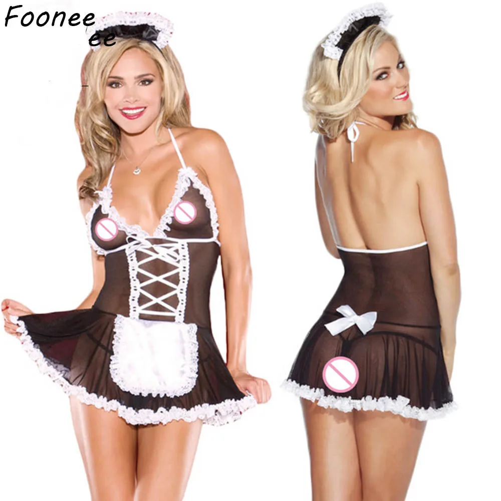 Sexy disfraces de mujer Cosplay uniforme de sirvienta Lenceria lencería Sexy de encaje picante ...