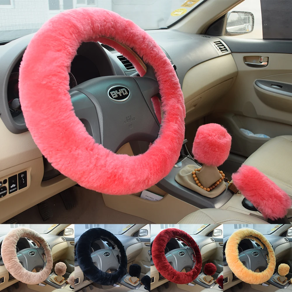 Kawosen 1 Set 3 Pcs Winter Warm Wool Steering Wheel Cover Handbrake ...