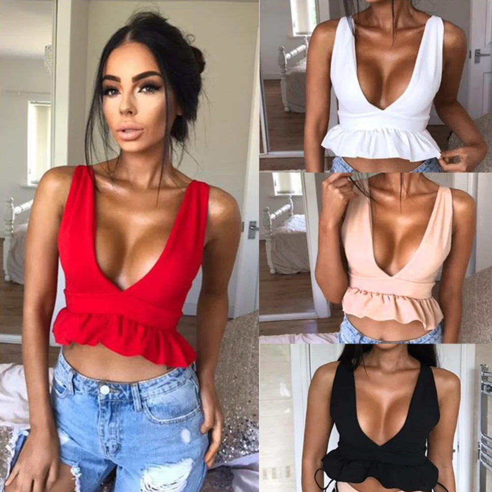Womens Ladies Frill Hem Plunged Deep V Neck Crop Blouse Sleeveless Boobtube Top In Tank Tops