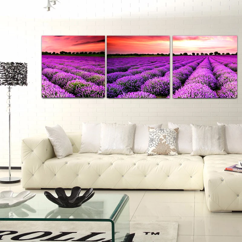 Mural-de-sala-de-estar-moderno-com-estampa-de-lavanda-e-p-r-do-sol ...