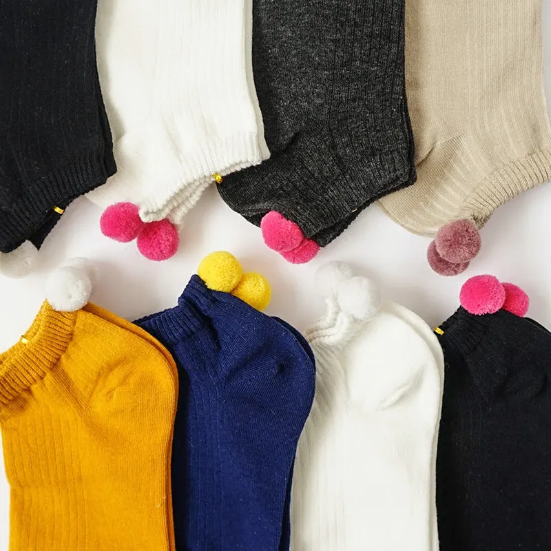 Korean Cute Girl Candy Color Ankle Socks With Fur Ball Women Female ...
