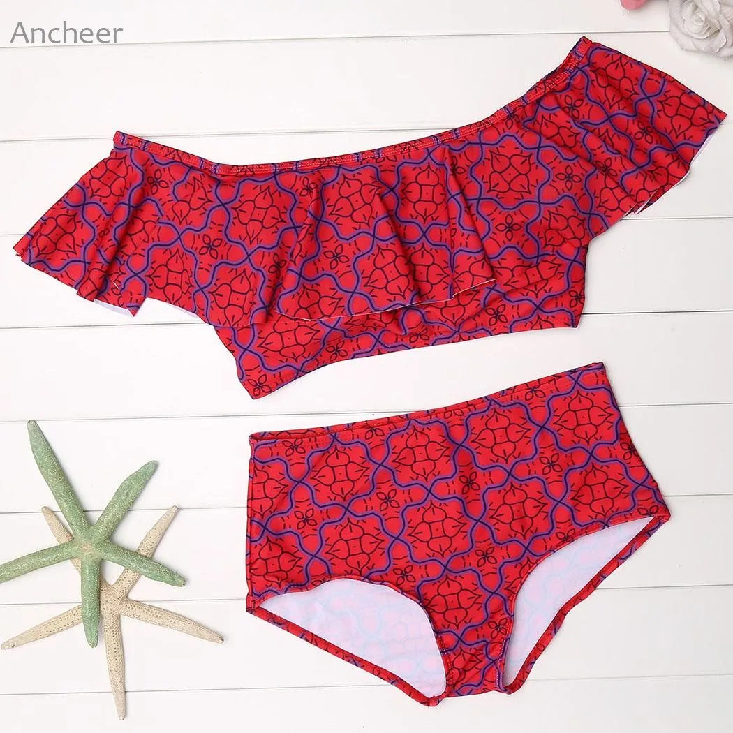 2018 Brand New Women Sexy Padded Off Shoulder Ruffles Print High Waist