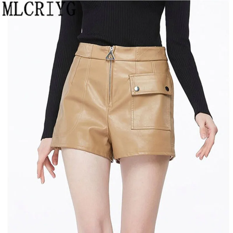 New 2019 Korean Spring Women Pu Leather Black Shorts Female Fashion