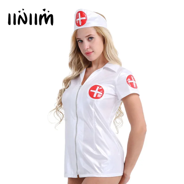 2Pcs Women Faux Leather Nurse Uniform Cosplay Lingerie Set Short Sleeve ...
