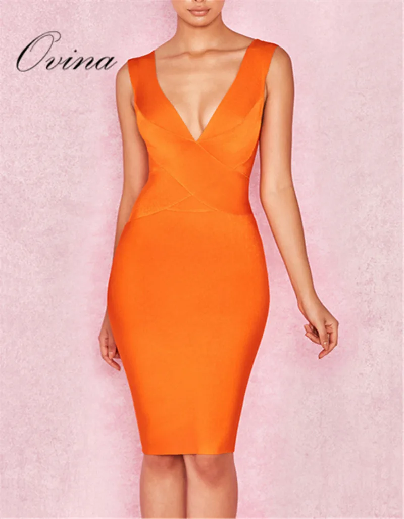 Orange Women Dresses Deep V Neck Sleeveless Knee Length Bodycon Bandage