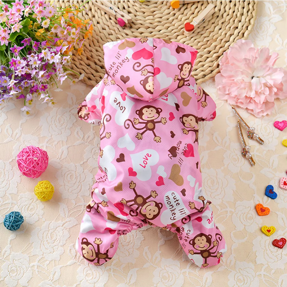 1Pc 5 Sizes Monkey Printed Dog Raincoat Puppy Waterproof Coat With