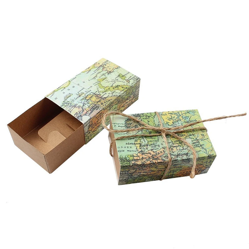 50pcs Kraft Paper World Map Gift Boxes Foldable Candy Box For Guests ...