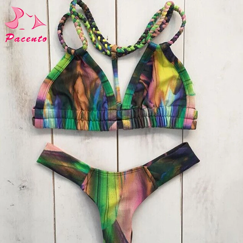 Pacento Bikinis Set 2018 Women Retro Print Green Woven Halter Brazilian ...