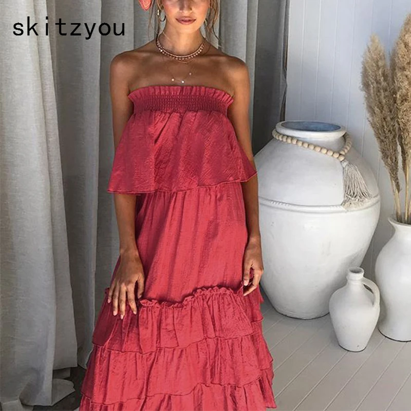Skitzyou 2019 Summer Two Piece Dress Sexy Sleeveless Red Women Beach