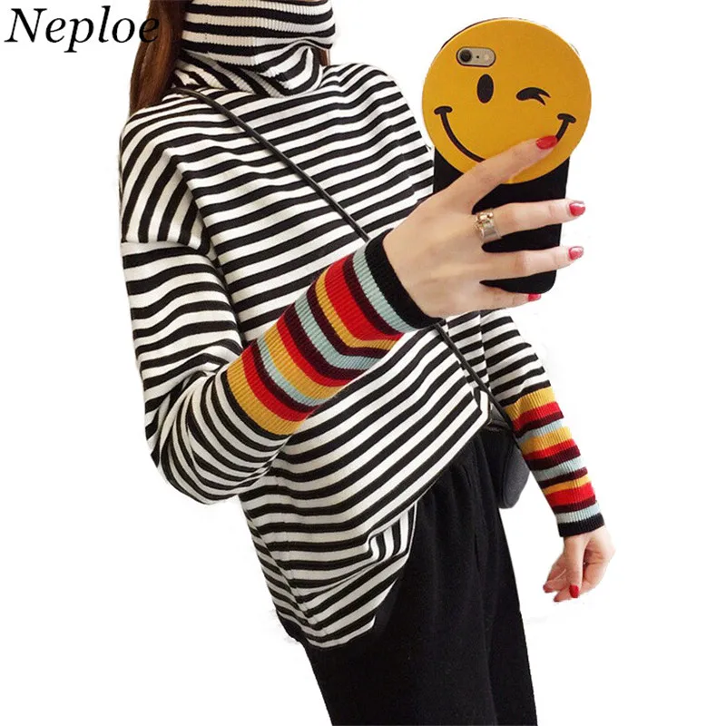 Neploe 2018 Winter New Women Sweater Turtleneck Black White Striped