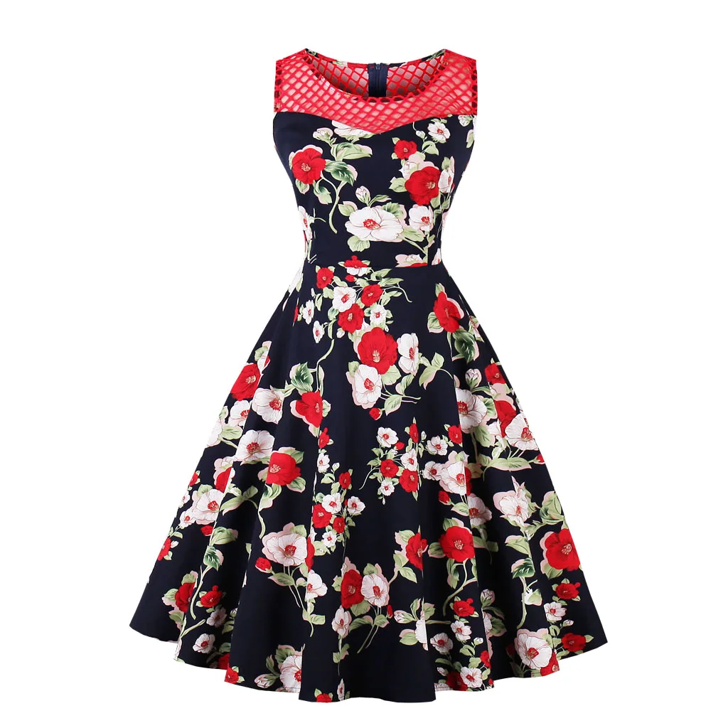 Plus Size Vintage Dress for Women Mesh Neck Retro Summer Dress Casual ...