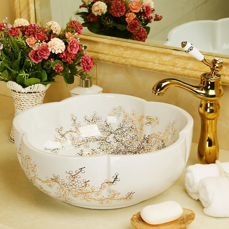 Jingdezhen hand maded ceramic porcelain flower shape bathroom sink ...
