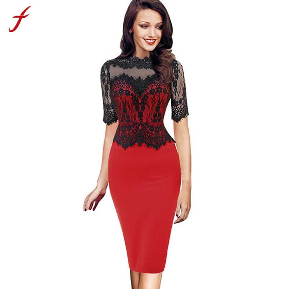 2017 Fashion Women Dress Elegant Vintage O Neck Lace Patchwork Knee