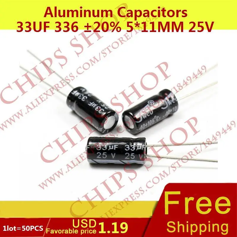 1LOT=50PCS Aluminum Capacitors 33uF 336 20% 5*11mm 25V 33000nF ...