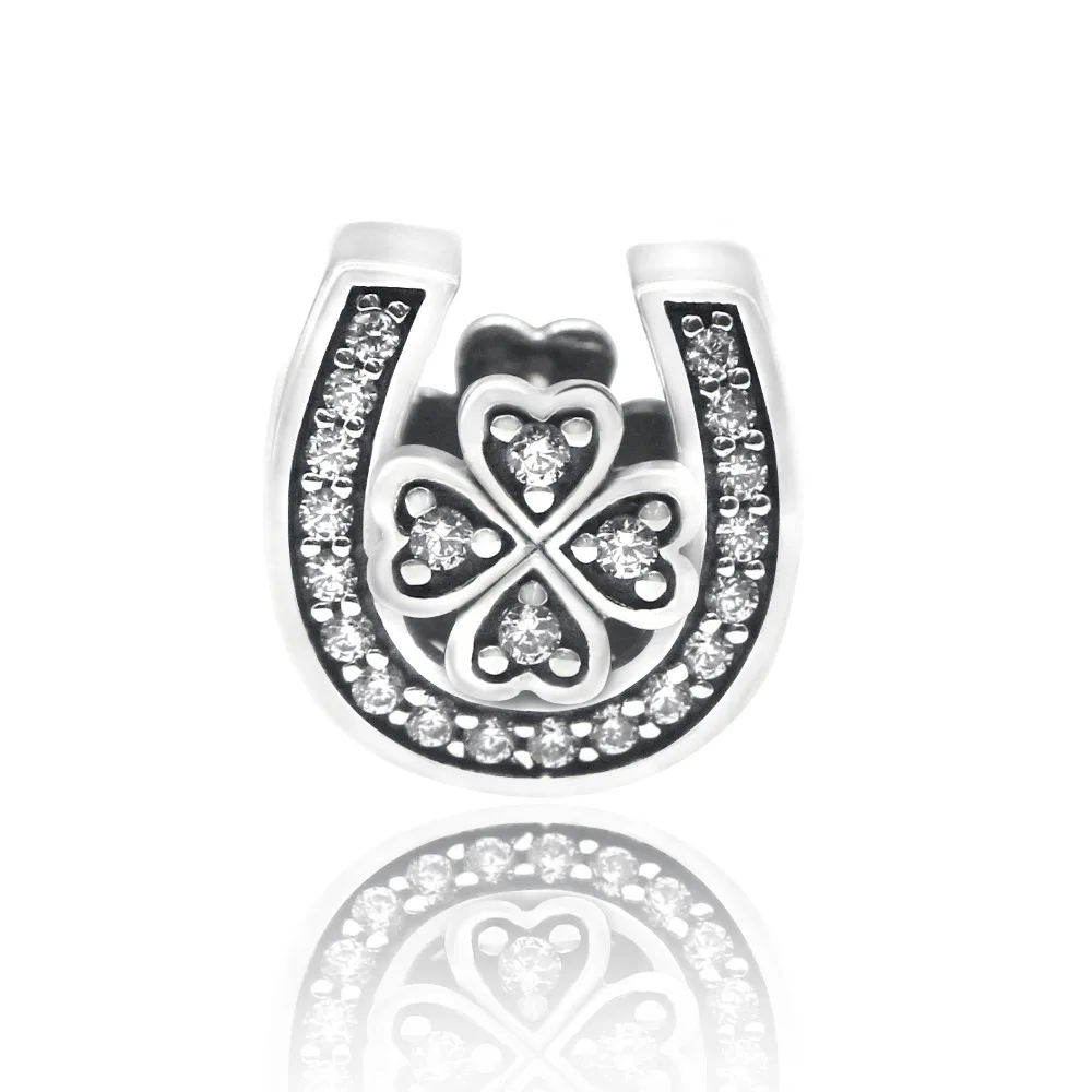 925-Sterling-Silver-Horseshoe-Four-Leaf-Clover-CZ-Charm-Fit-Original ...