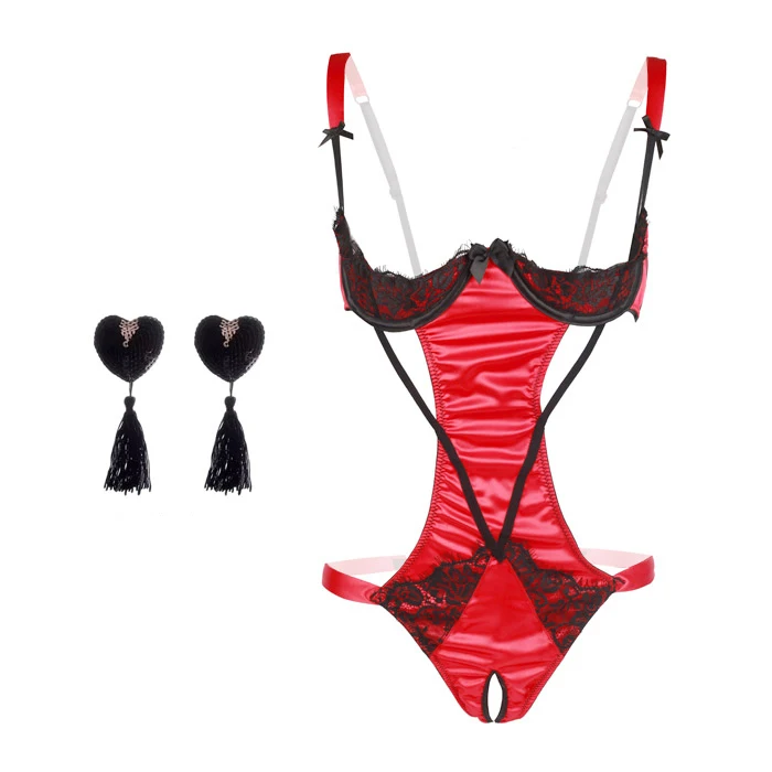 Lace Bow Backless Nightwear Teddy Lenceria Sexi Para Mujer Black Red Women Open Cupless Bra