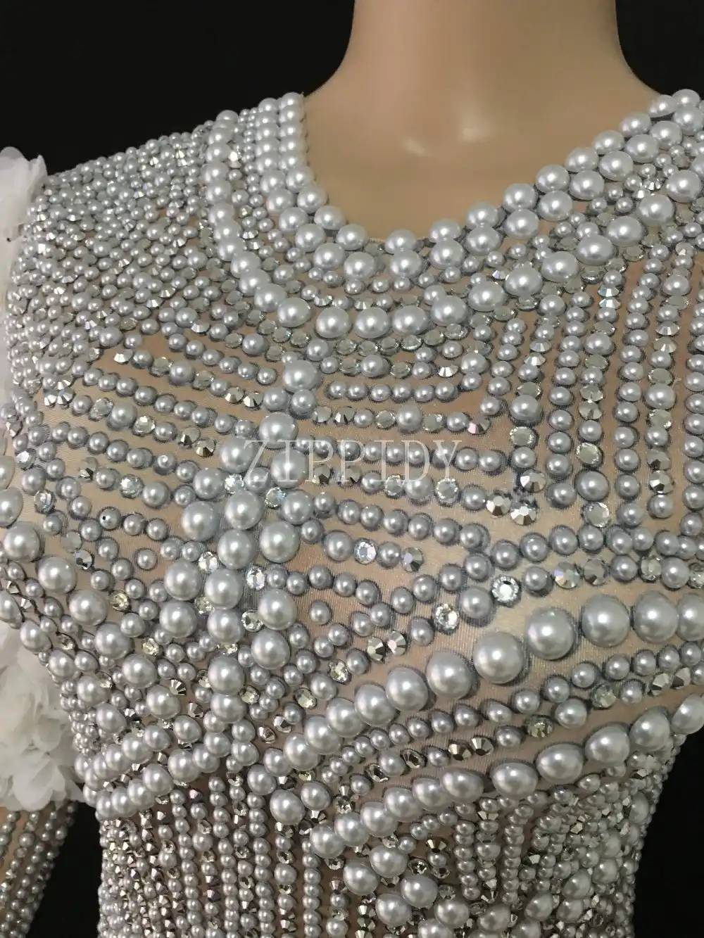 Super Pearls Rhinestones Flower Bodysuit Sexy Performance Female Singer ...