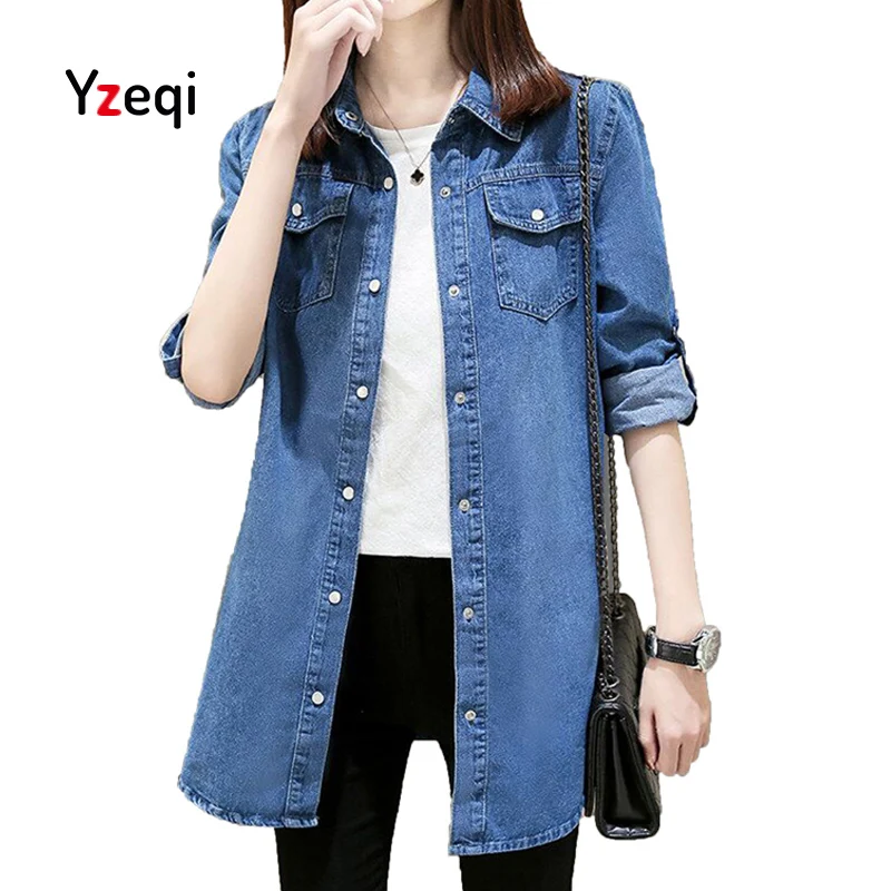 Yzeqi Spring Women Denim Jacket Middle Length 3xl Slim Shirt Female ...