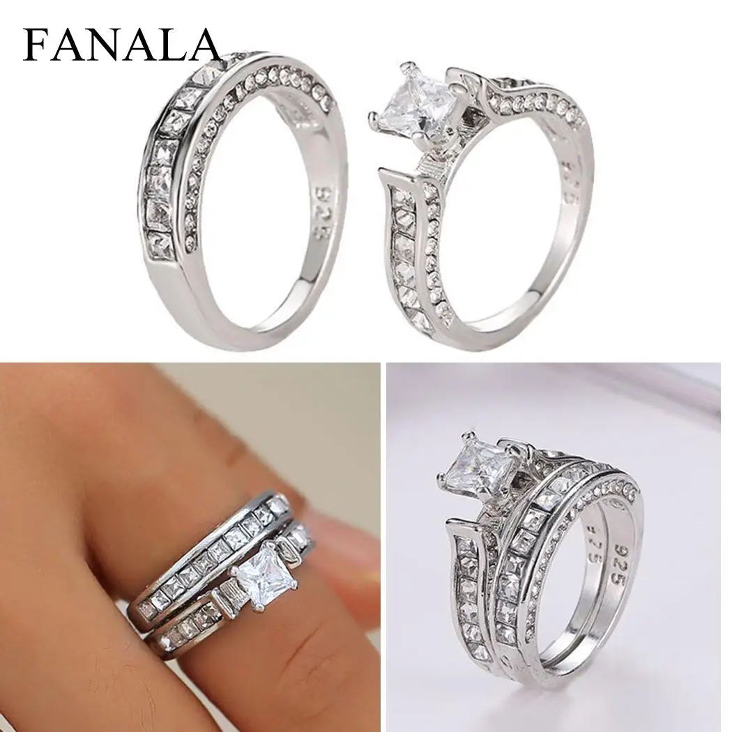 FANALA 2pcs/set Couple Classic Ring set Rhinestone Cubic Zirconia ...