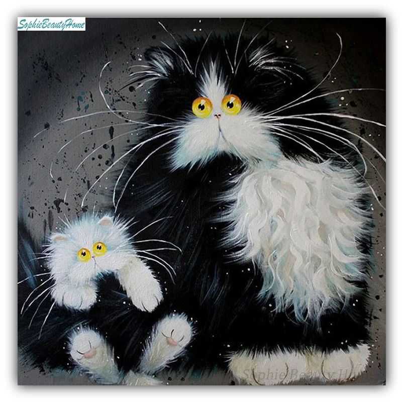 5D DIY Diamond Painting Embroidery Big Eyes Black White Cat Cross ...