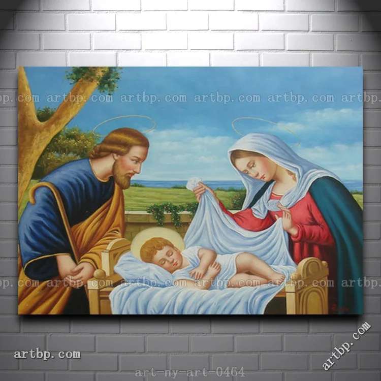 Oil Painting Of The Holy Family Portrait Mary With Baby Jesus On Bed ...