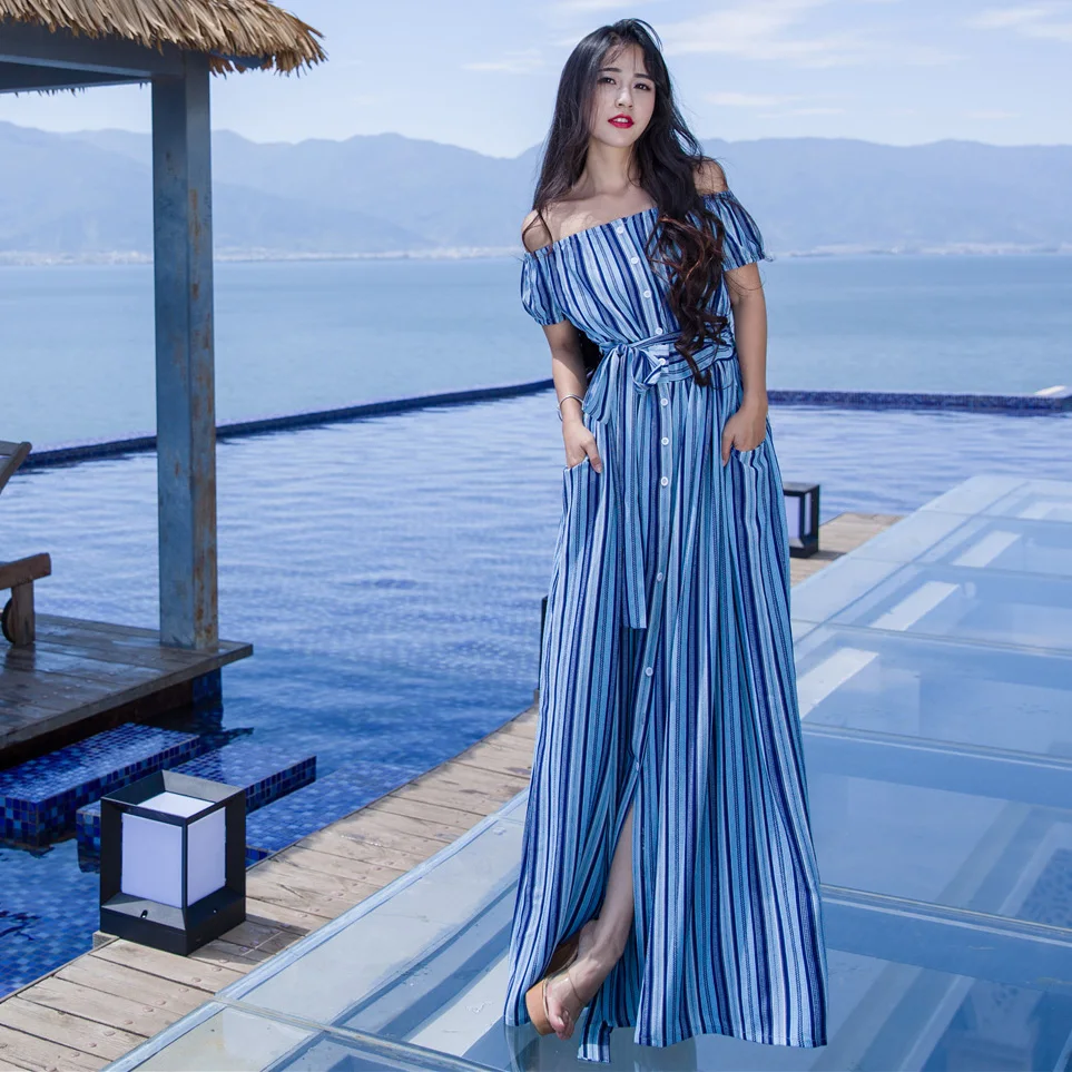 2018 Sexy Off Shoulder Summer Beach Dress Blue Stripe Casual Dress Bohemian Short Sleeves Maxi