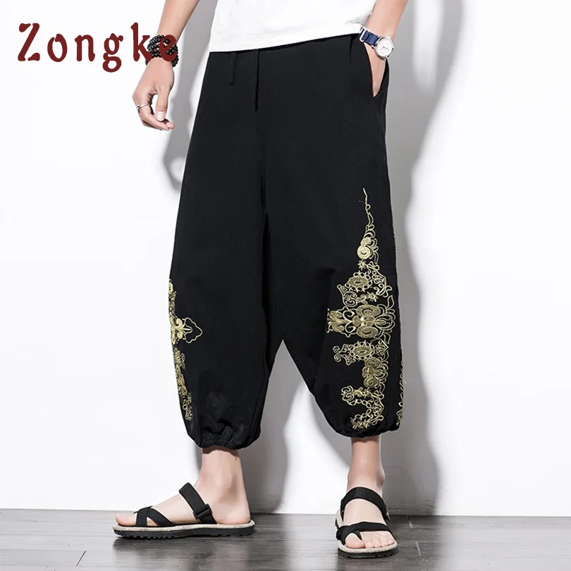 Zongke Chinese Style Streetwear Harem Pants Men Cotton Linen Ankle ...
