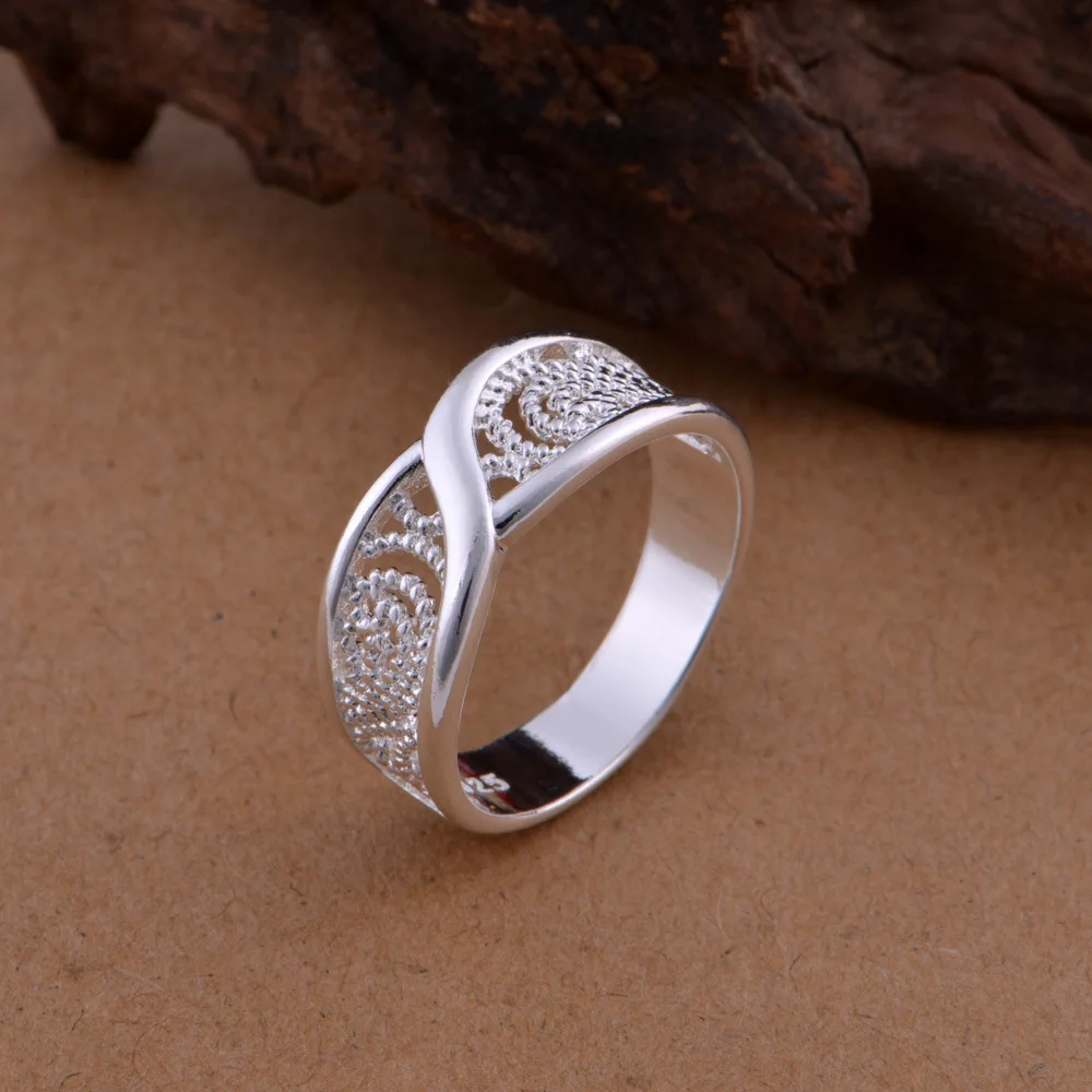 Hollow Flower Ring High-end Fashion Weave Pattern Jewelry Silver Plated ...
