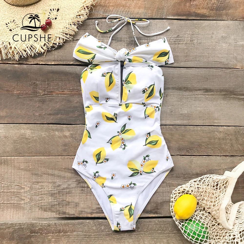 Cupshe Lemon Print Halter One Piece Swimsuit Women Boho Monokini Swimwear 2019 Girl Beach