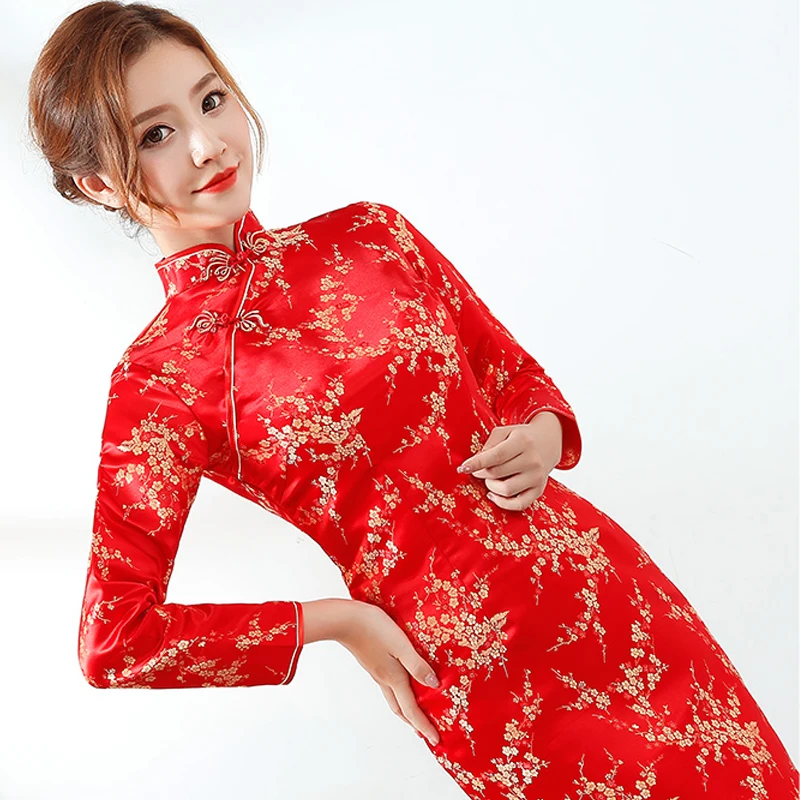 Red Chinese Bride Wedding Dress Sexy Women Satin Long Sleeve EVening ...
