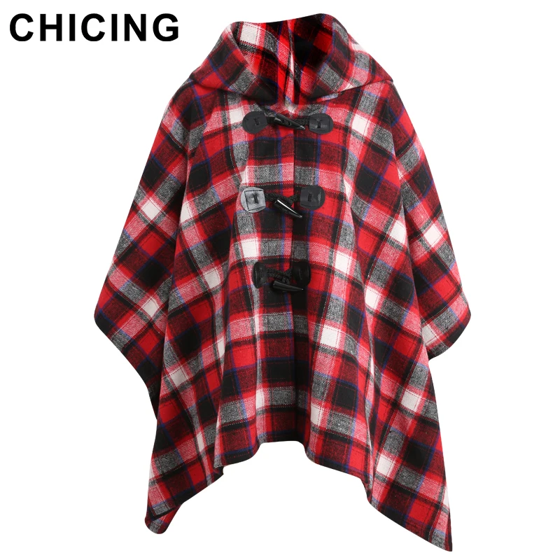 Chicing Women Wool Coat New 2016 Autumn Winter Plaid Horn Button
