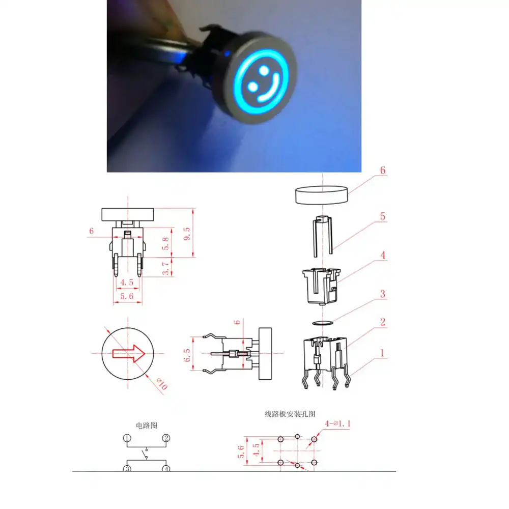 5pcs Blue LED 10mm Cap Power 12V 50mA Momentary Tact Push Button Switch ...