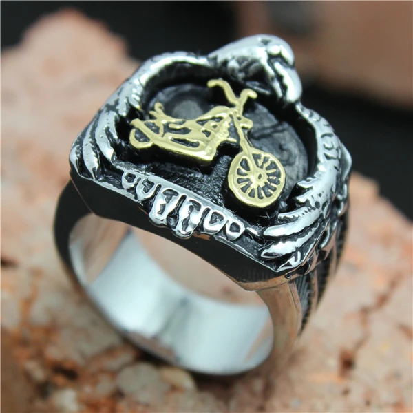 Hot 316L Stainless Steel Golden Biker Ring Mens Motorcycle Golden Biker ...