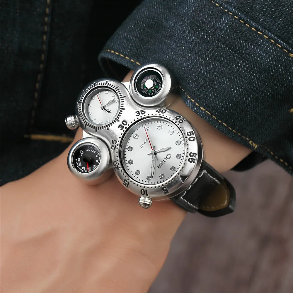 Oulm New Unique Design Two Time Zone Male Watch Decorative Compass Men ...
