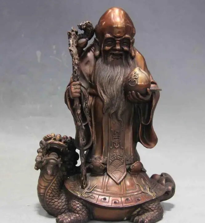 Chinese Folk Red Bronze Copper God Of Longevity Ride Dragon Turtle ...