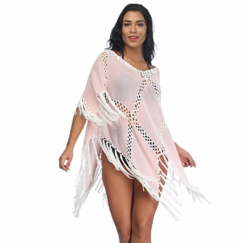 Hot Sexy Womens Swimwear Femme Bikini Cover Ups Swimsuit Mujer Tassels Crochet Knitting Tops