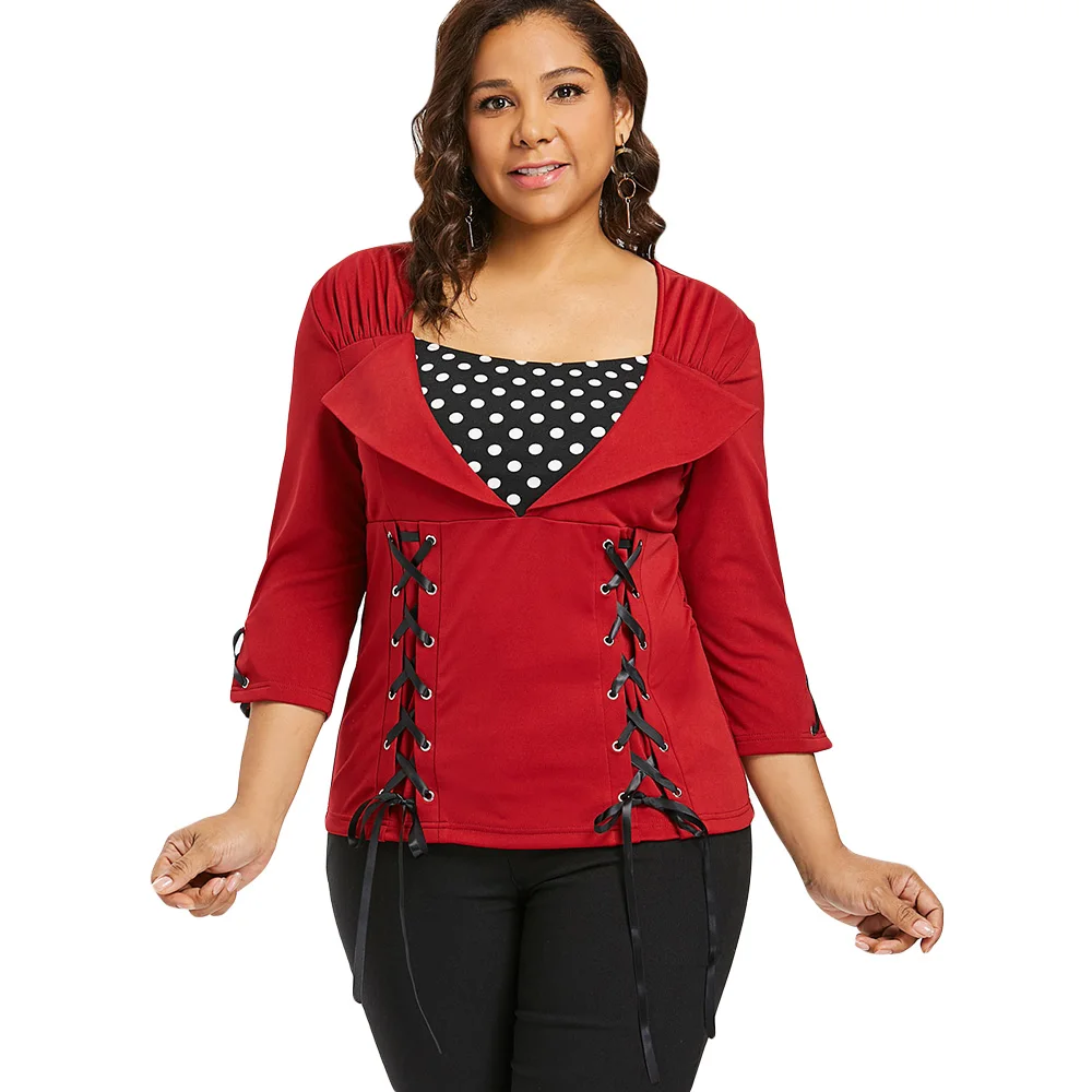 Wipalo Plus Size 5xl Lace Up Polka Dot Insert Tops Square Neck Three