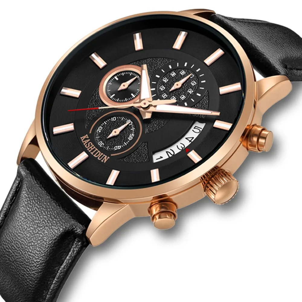 Kashidun Men's Watches Luxury Rose Gold Black Leather Strap Watch ...