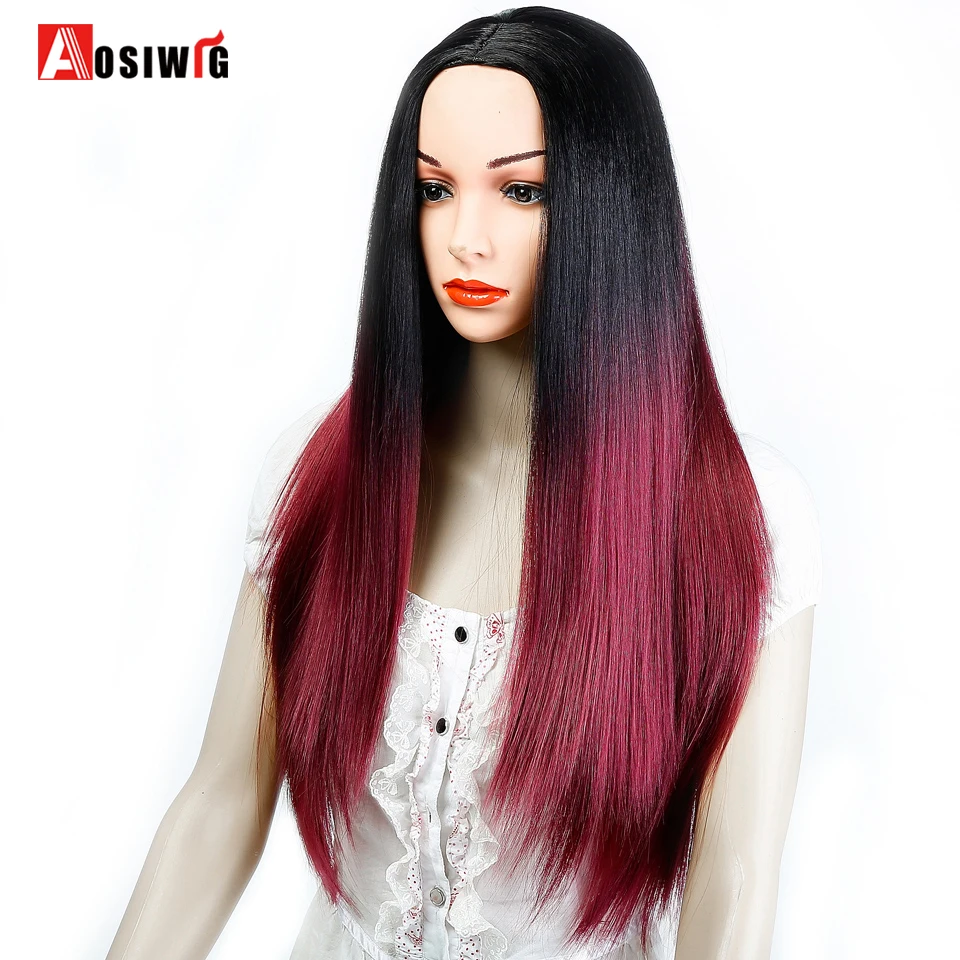 AOSIWIG Synthetic Long Straight Middle Part Ombre Black Red Wigs For ...