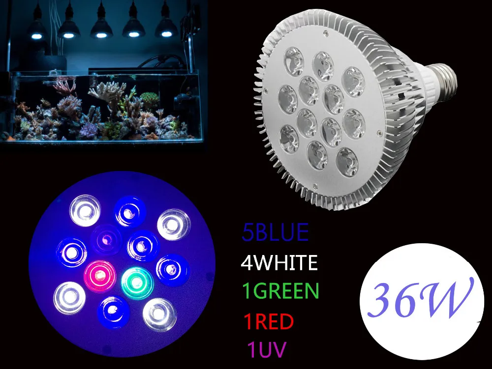 2016 new Aquarium Lamp E27 36W white+blue +green+red +UV LED Coral Reef ...